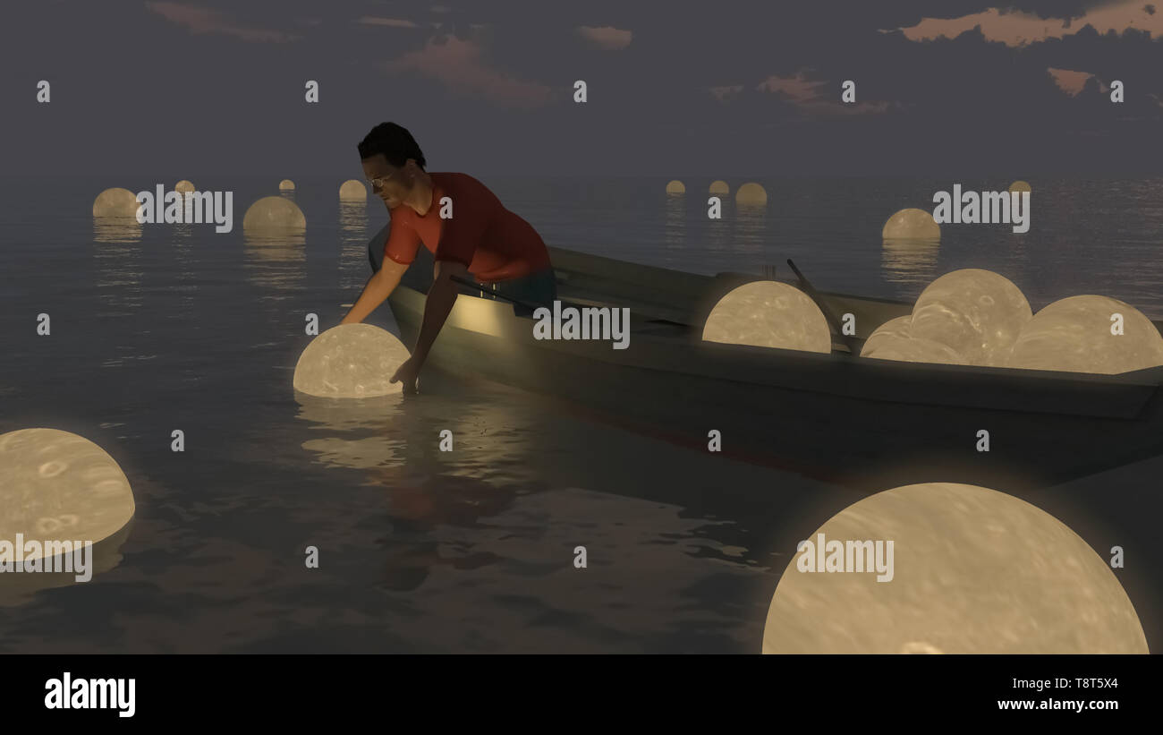 Moon catcher. Man in a boat Stock Photo - Alamy