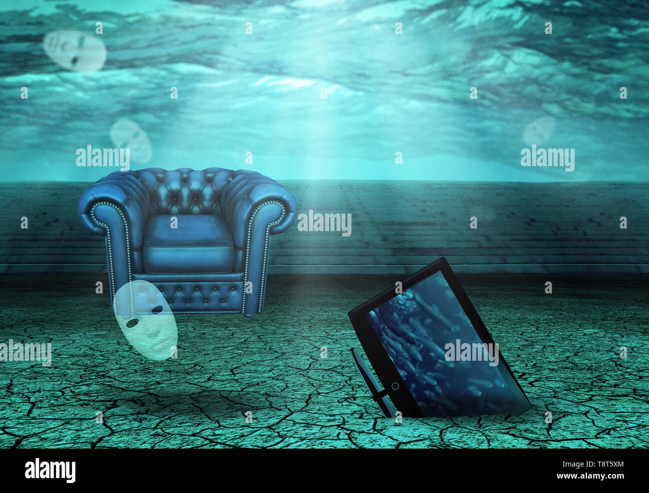Sunken TV. Chair and floating masks in underwater desert Stock Photo ...