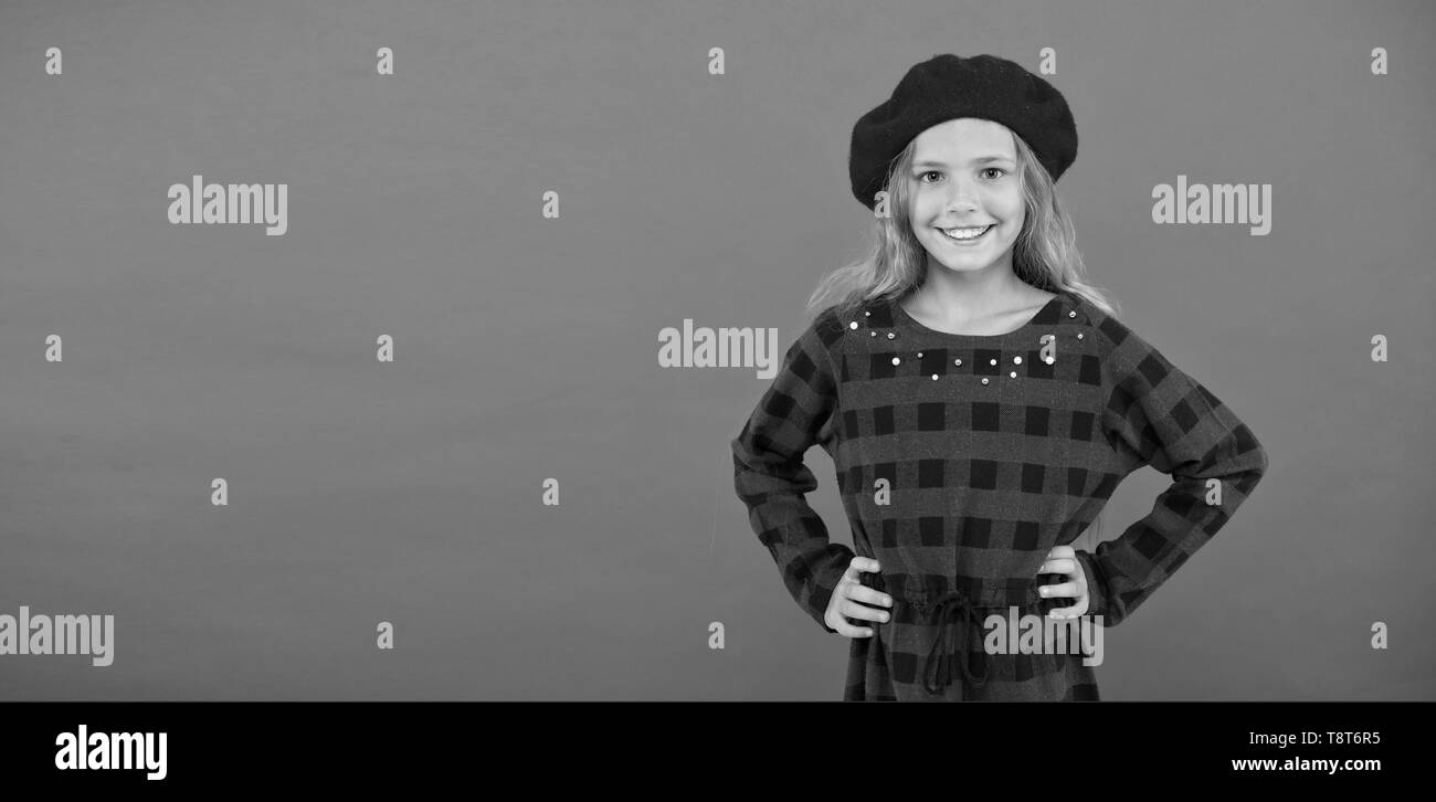 Wear beret like fashion girl. Kid little cute girl with long blonde ...
