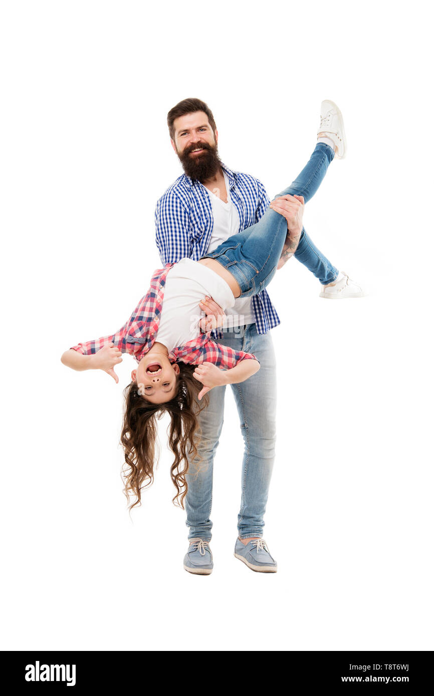 Care you can trust. Father holding little daughter in hands trusting ...