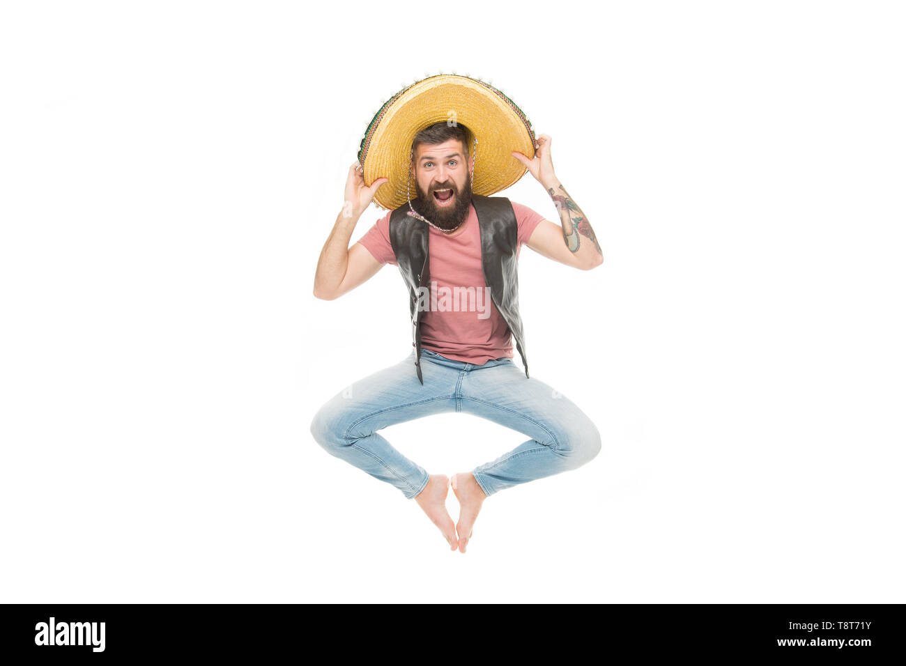 Celebrate traditional mexican holiday. Guy happy cheerful face having ...