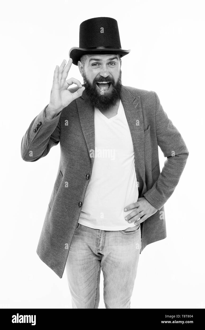 Magician circus worker. Man bearded guy cheerful face solve problem as ...