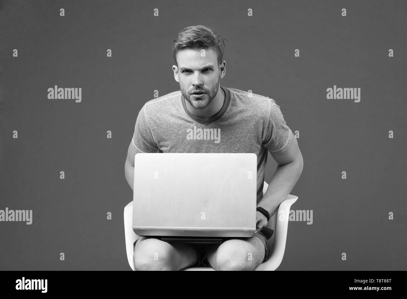 Take advantages online shopping. Free internet access. Man with modern ...