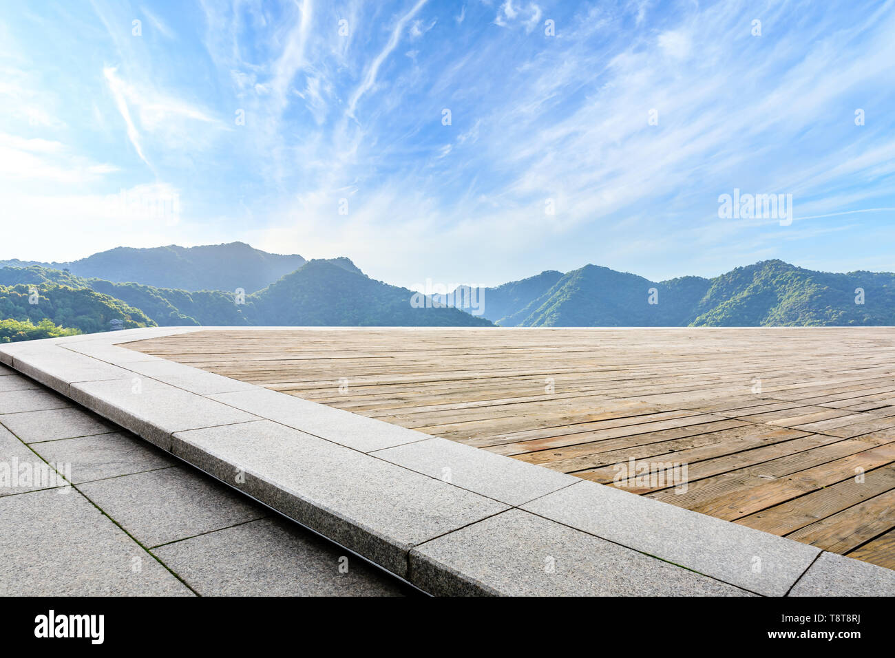 Wooden board platform and green mountain natural landscape Stock Photo ...