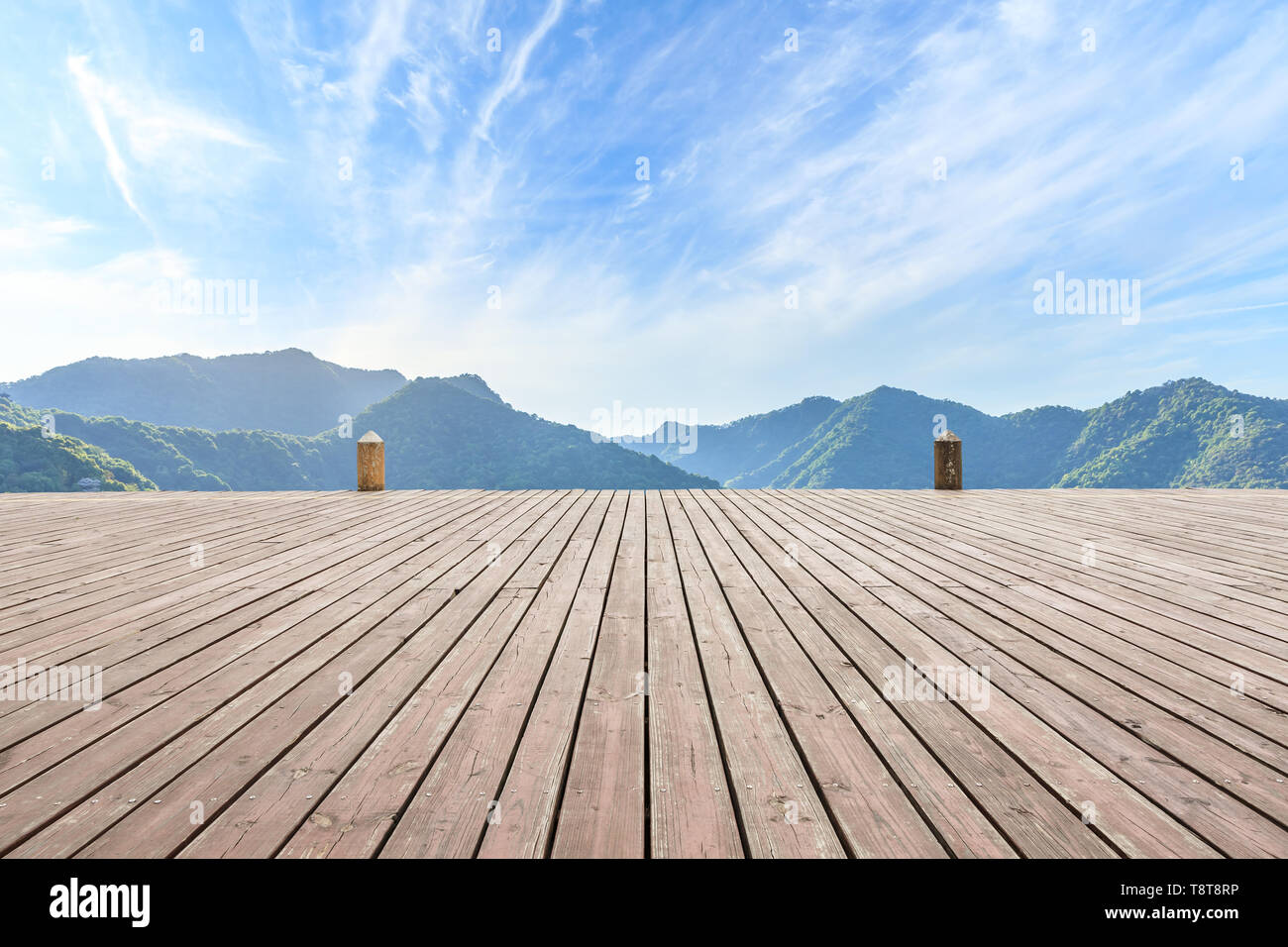 Wooden board platform and green mountain natural landscape Stock Photo ...