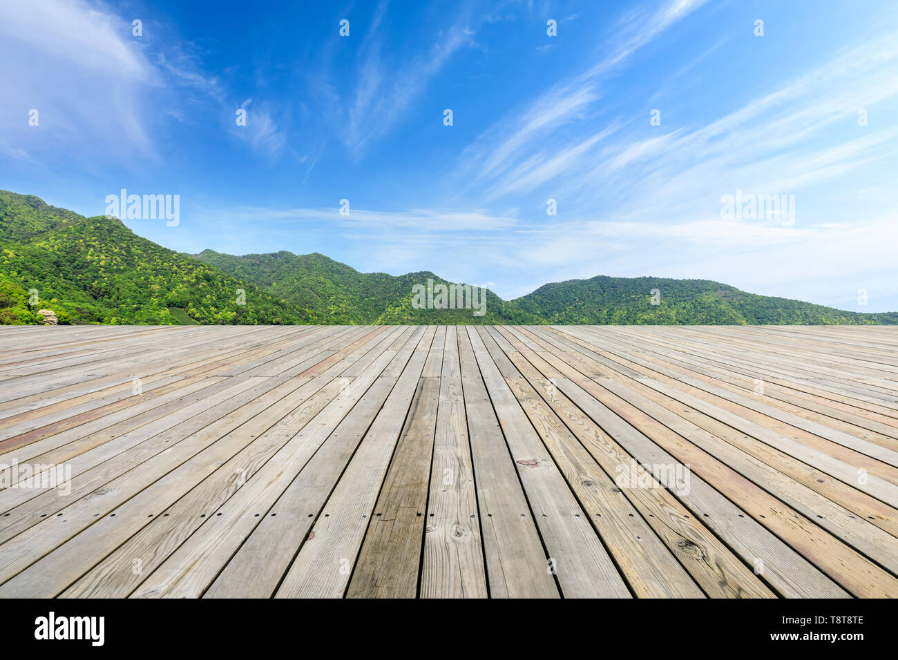 Wooden board platform and green mountain natural landscape Stock Photo ...