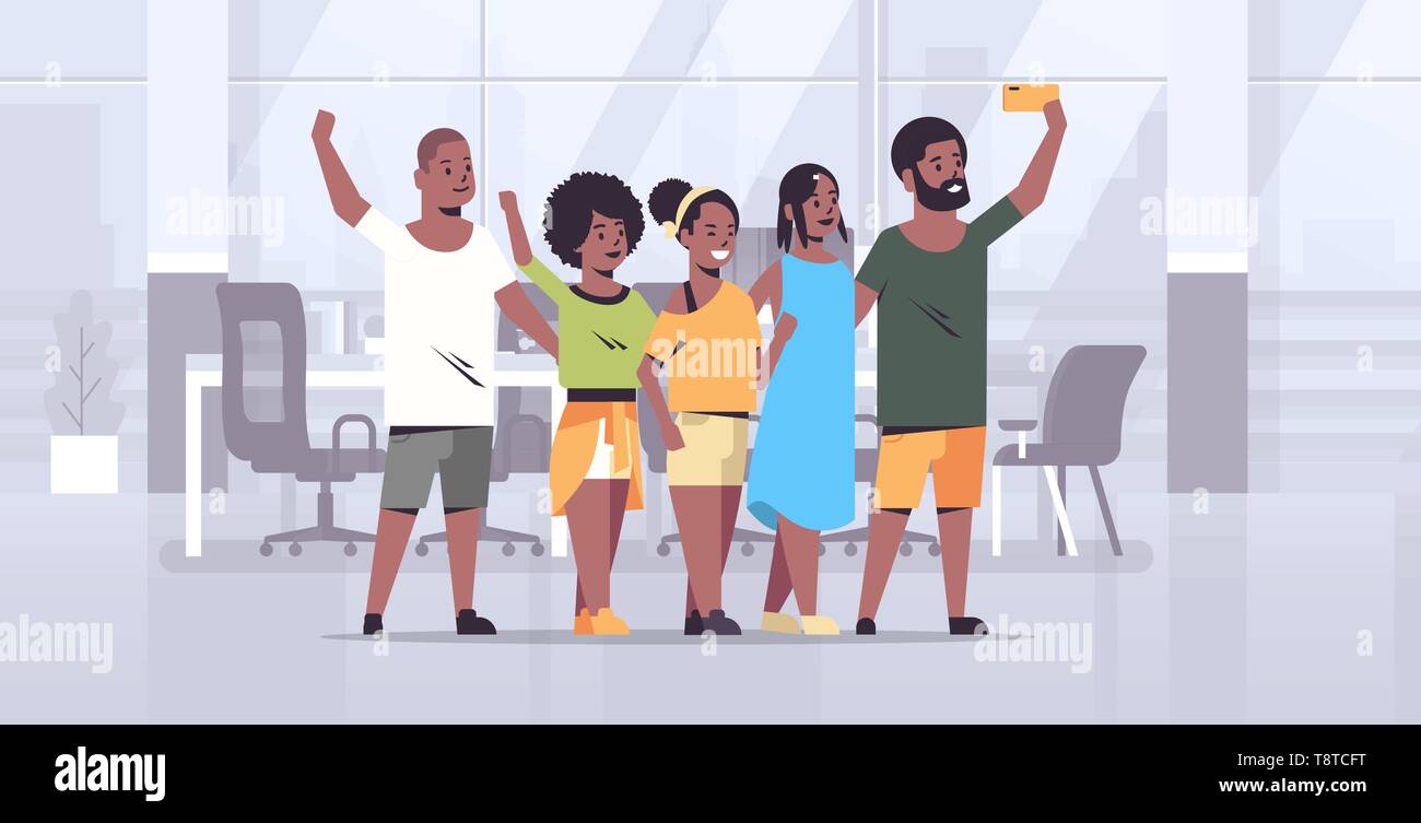 people group taking selfie photo on smartphone camera african american ...