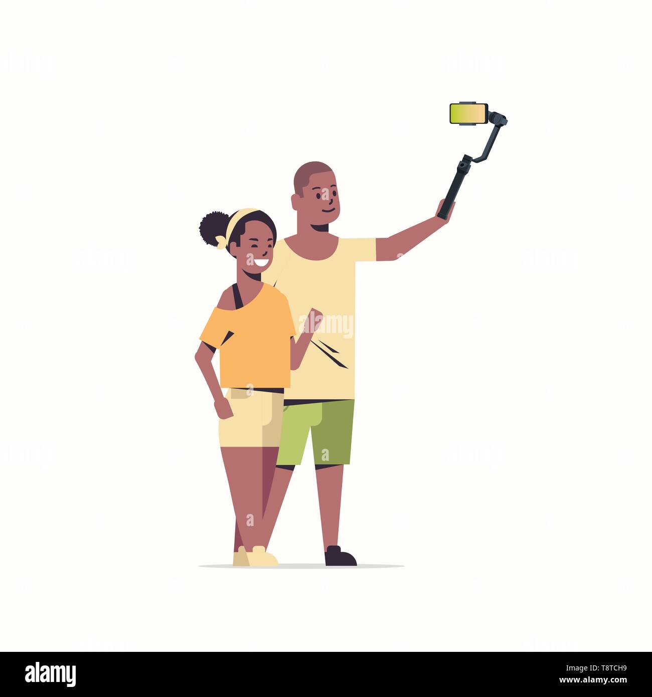 couple using selfie stick lovers taking photo on smartphone camera ...