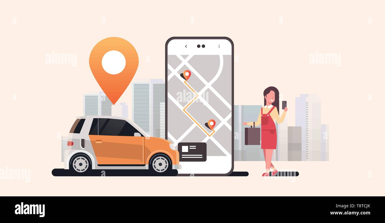 woman using mobile app ordering automobile vehicle with location mark ...