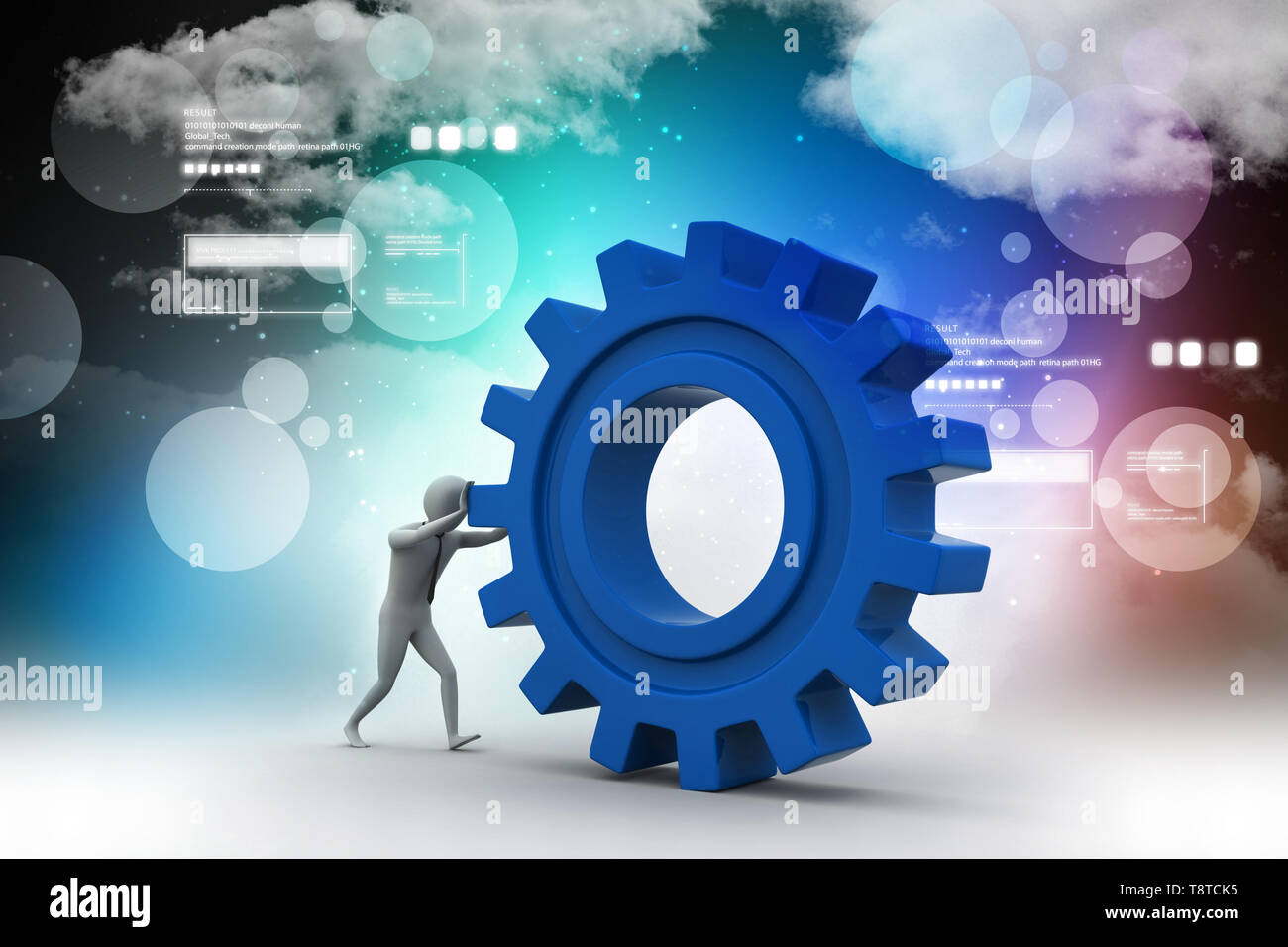 3d man pushing the gear Stock Photo - Alamy