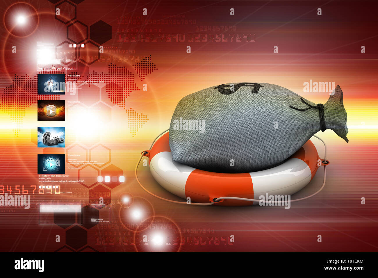 Money bag with life buoy in color background Stock Photo - Alamy