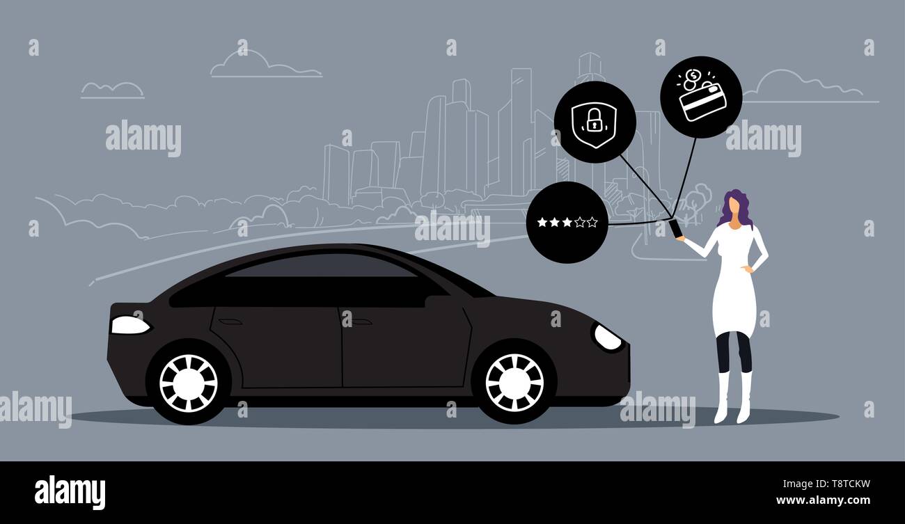 woman using online mobile app rent car sharing concept transportation ...