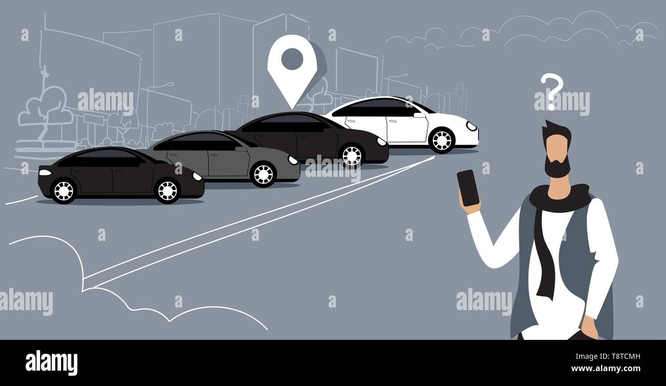 frustrated man searching car with location geo tag on parking using ...