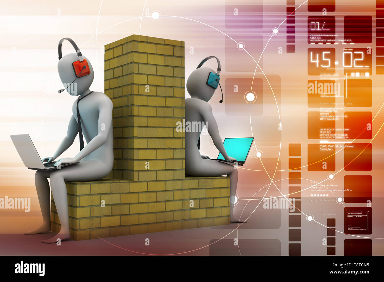 Computer networking between two peoples in color background Stock Photo ...