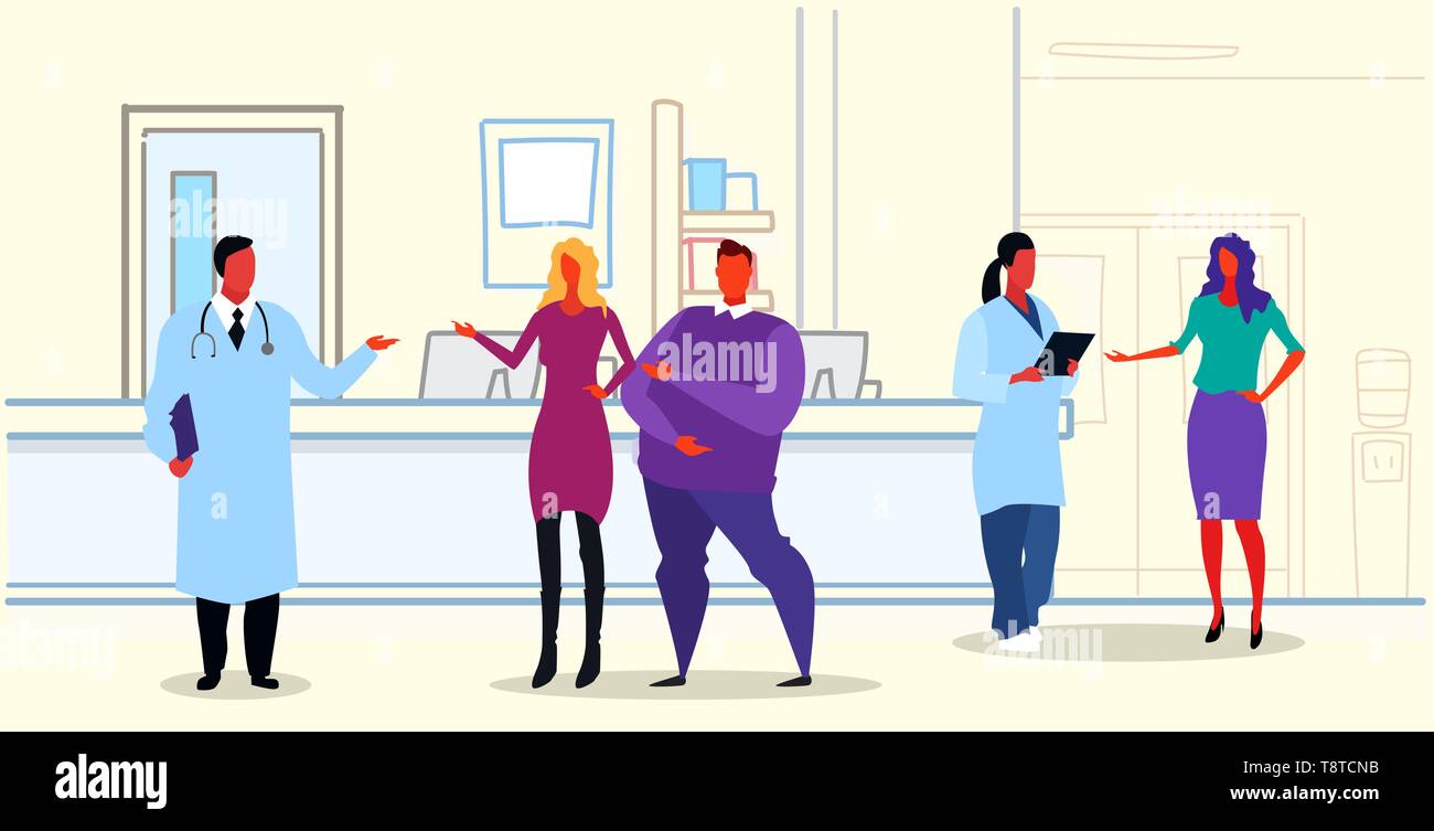 man woman doctors in uniform discussing with patients standing hospital ...