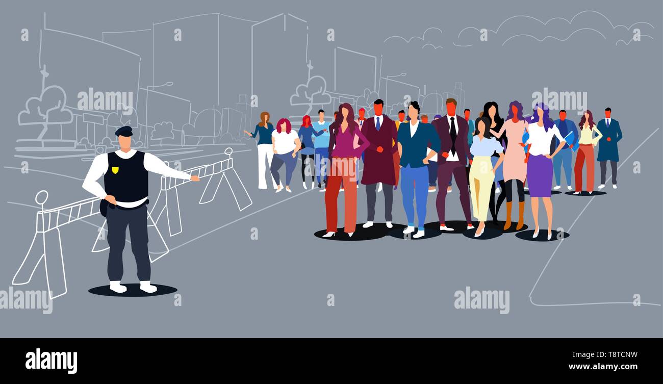 police officer standing in front of crowd policeman in uniform ...