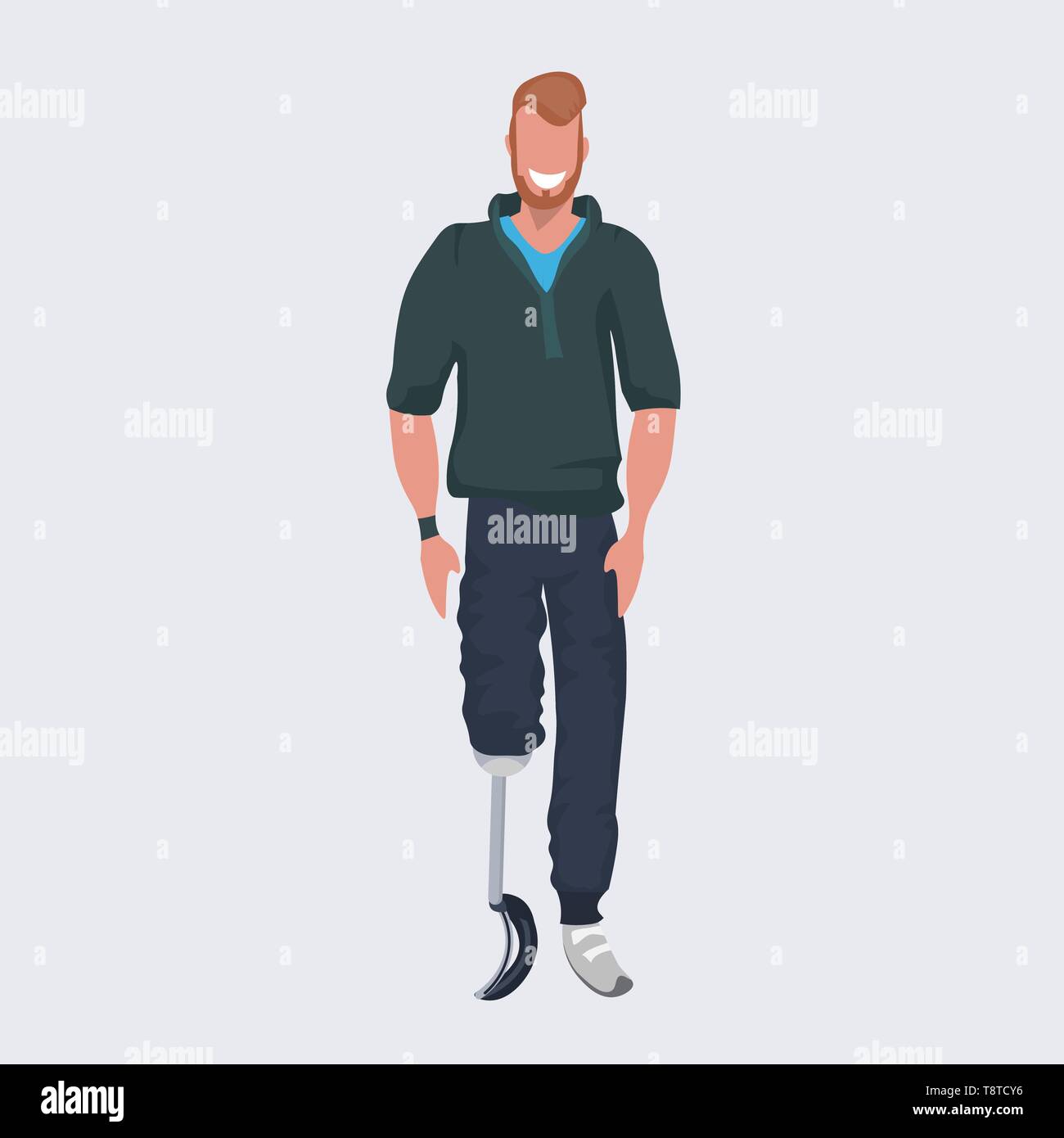 disabled smiling man with prosthesis artificial leg standing pose flat ...