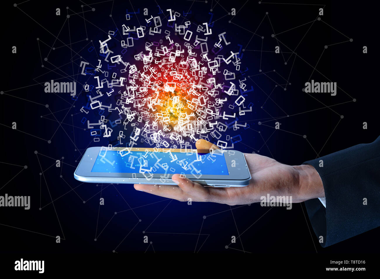 Man showing the binary digits with tablet computer Stock Photo - Alamy