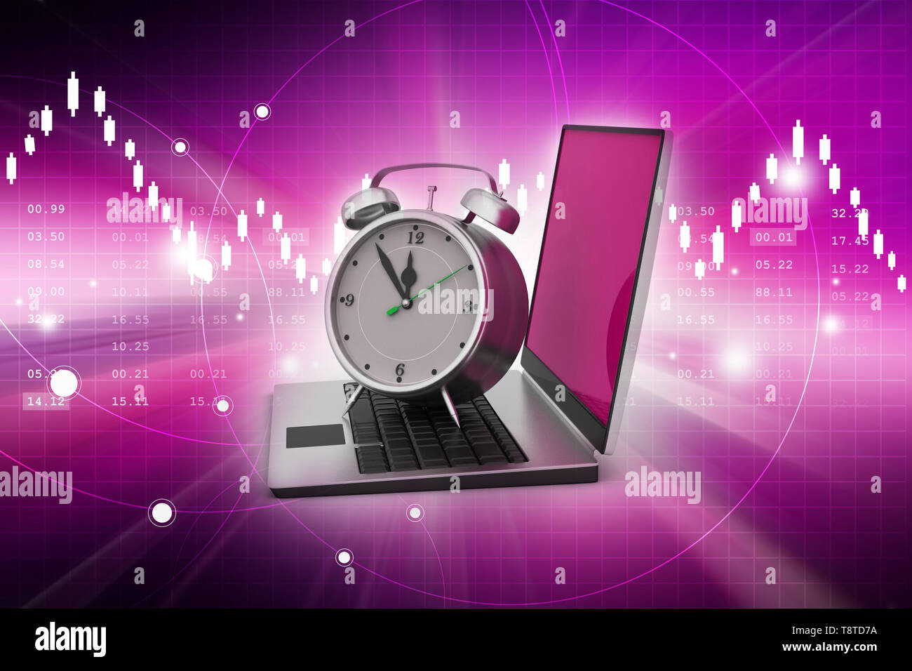 Laptop with alarm clock Stock Photo - Alamy