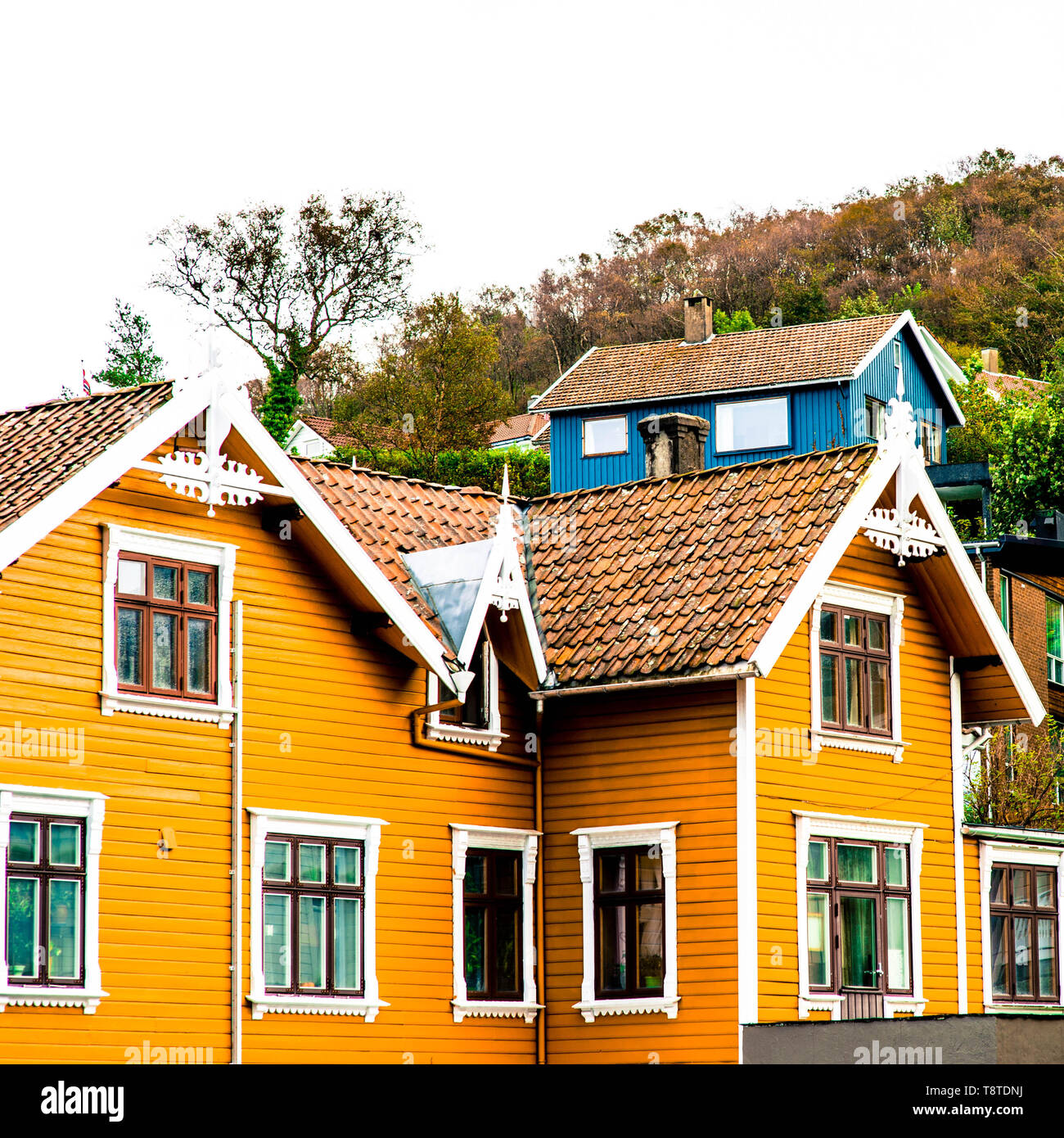Traditional Built Brightly Coloured Wooden Build Norwegian Home Stock ...