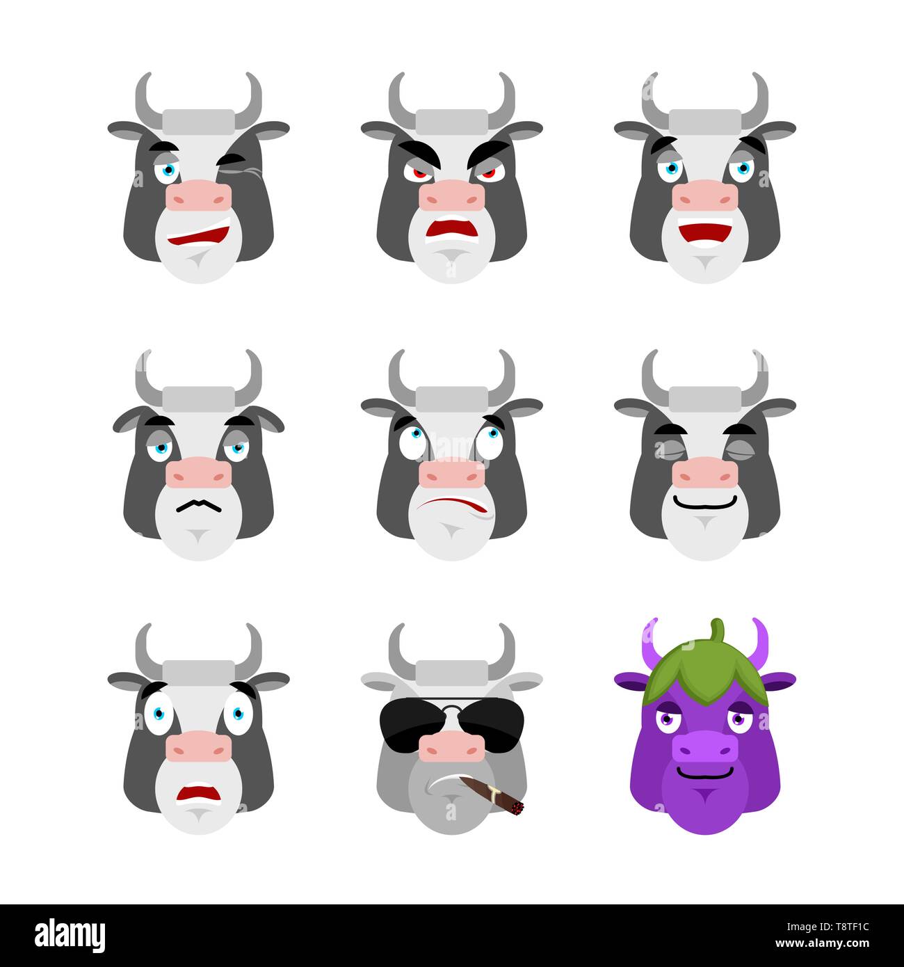 Cow set emoji avatar. sad and angry face. guilty and sleeping. Farm ...