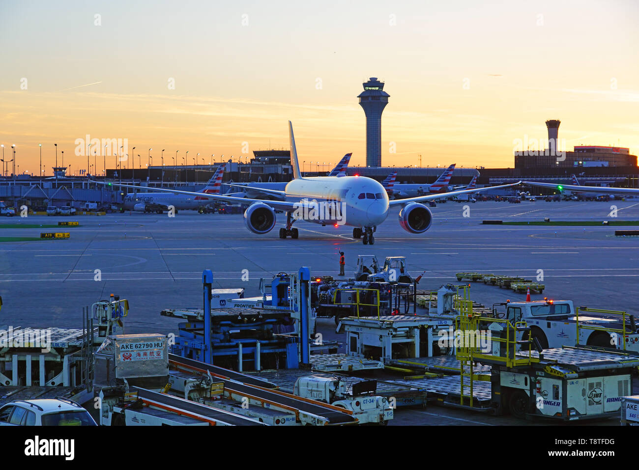 CHICAGO, IL -26 APR 2019- View of a Boeing 787 Dreamliner airplane from ...