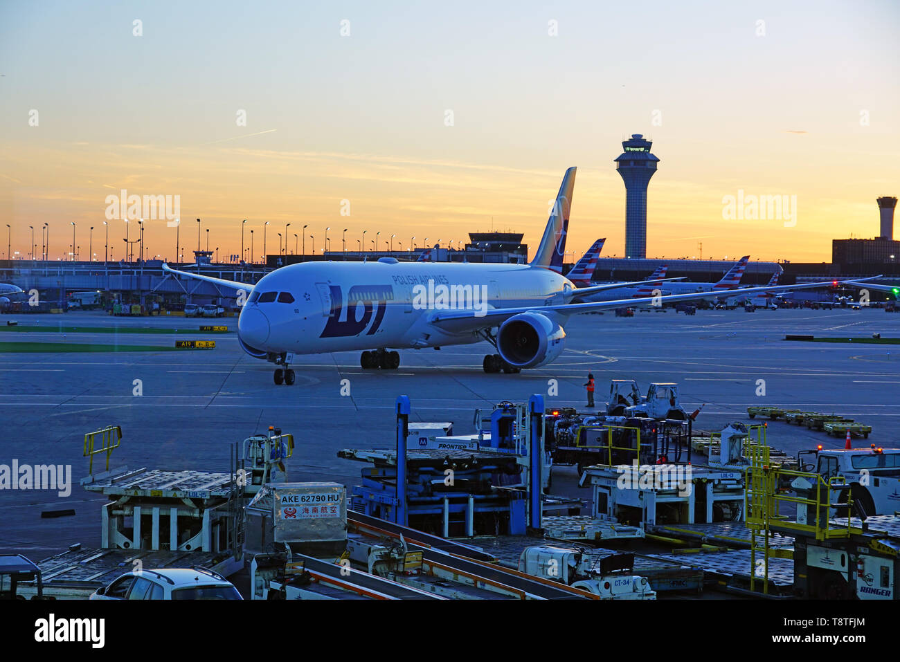CHICAGO, IL -26 APR 2019- View of a Boeing 787 Dreamliner airplane from ...