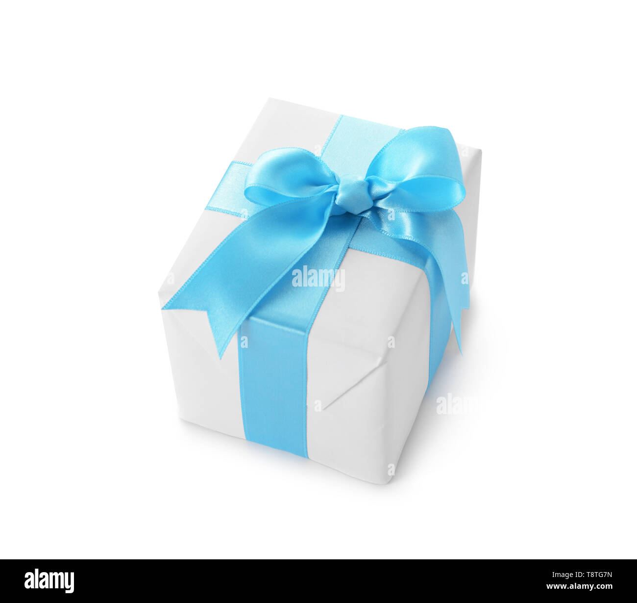 Gift box with blue ribbon on white background Stock Photo - Alamy