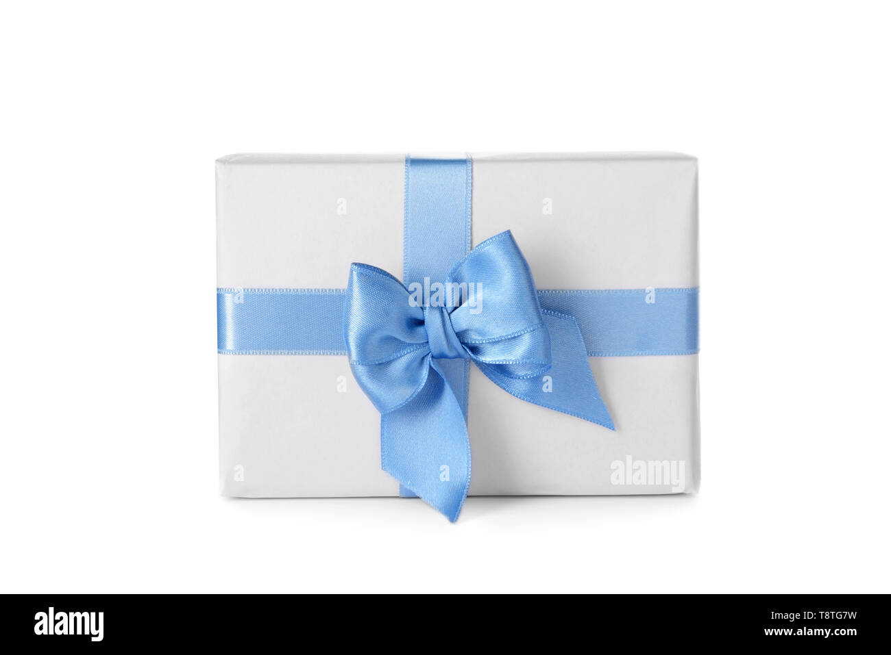 Gift box with blue ribbon on white background Stock Photo - Alamy