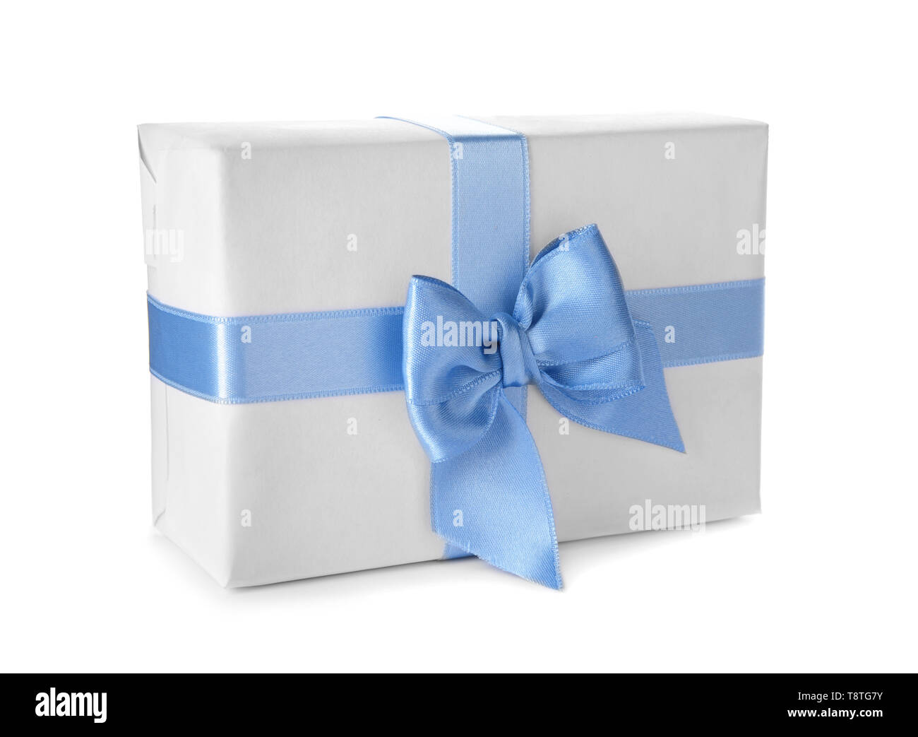 Gift box with blue ribbon on white background Stock Photo - Alamy