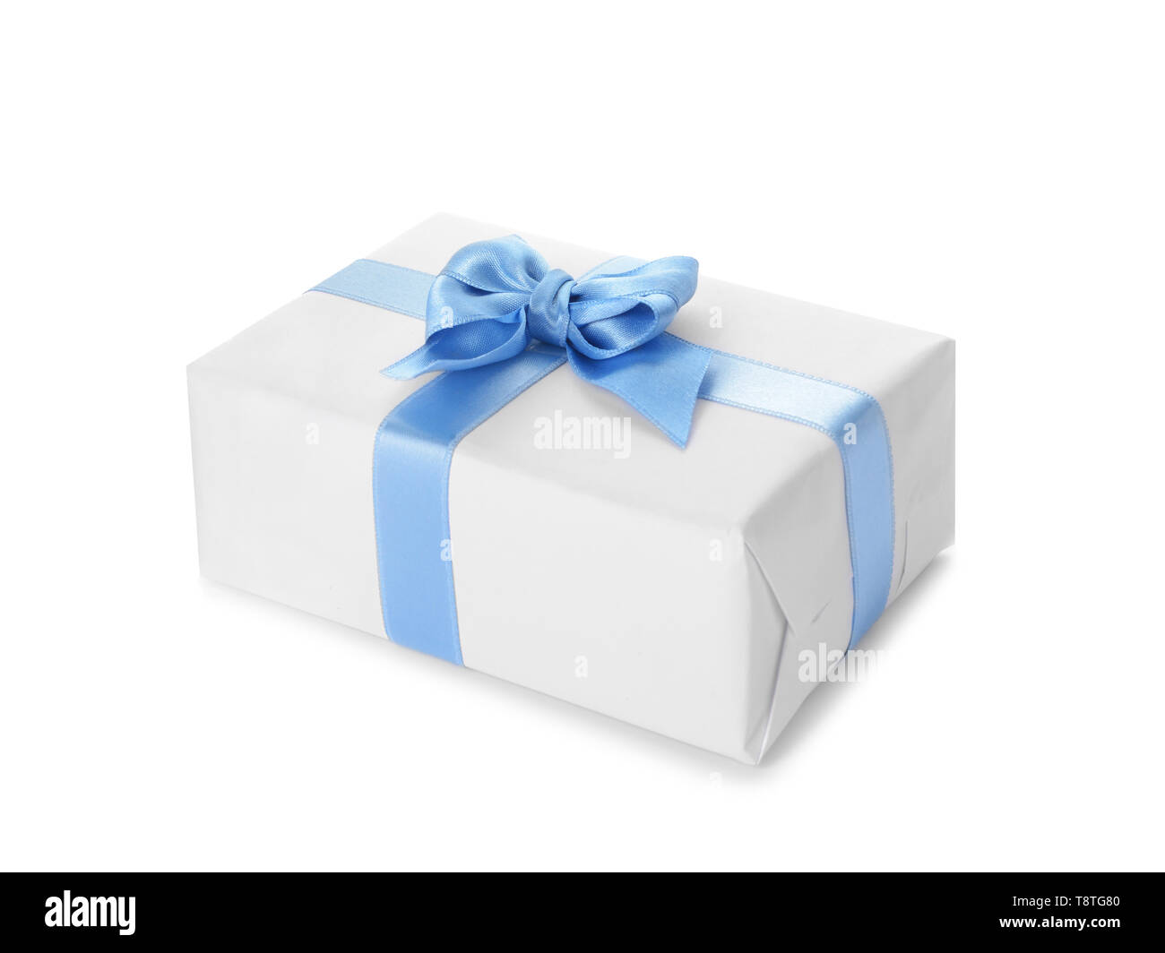 Gift box with blue ribbon on white background Stock Photo - Alamy