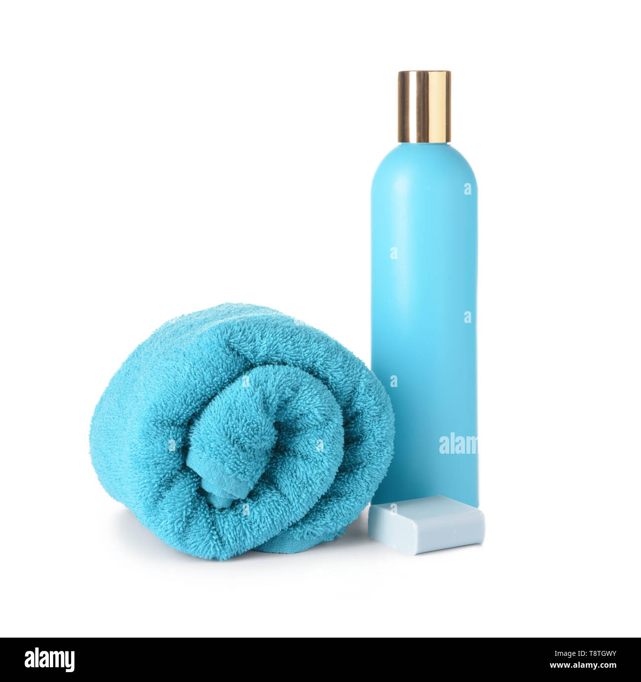 Clean soft towel and cosmetics on white background Stock Photo - Alamy