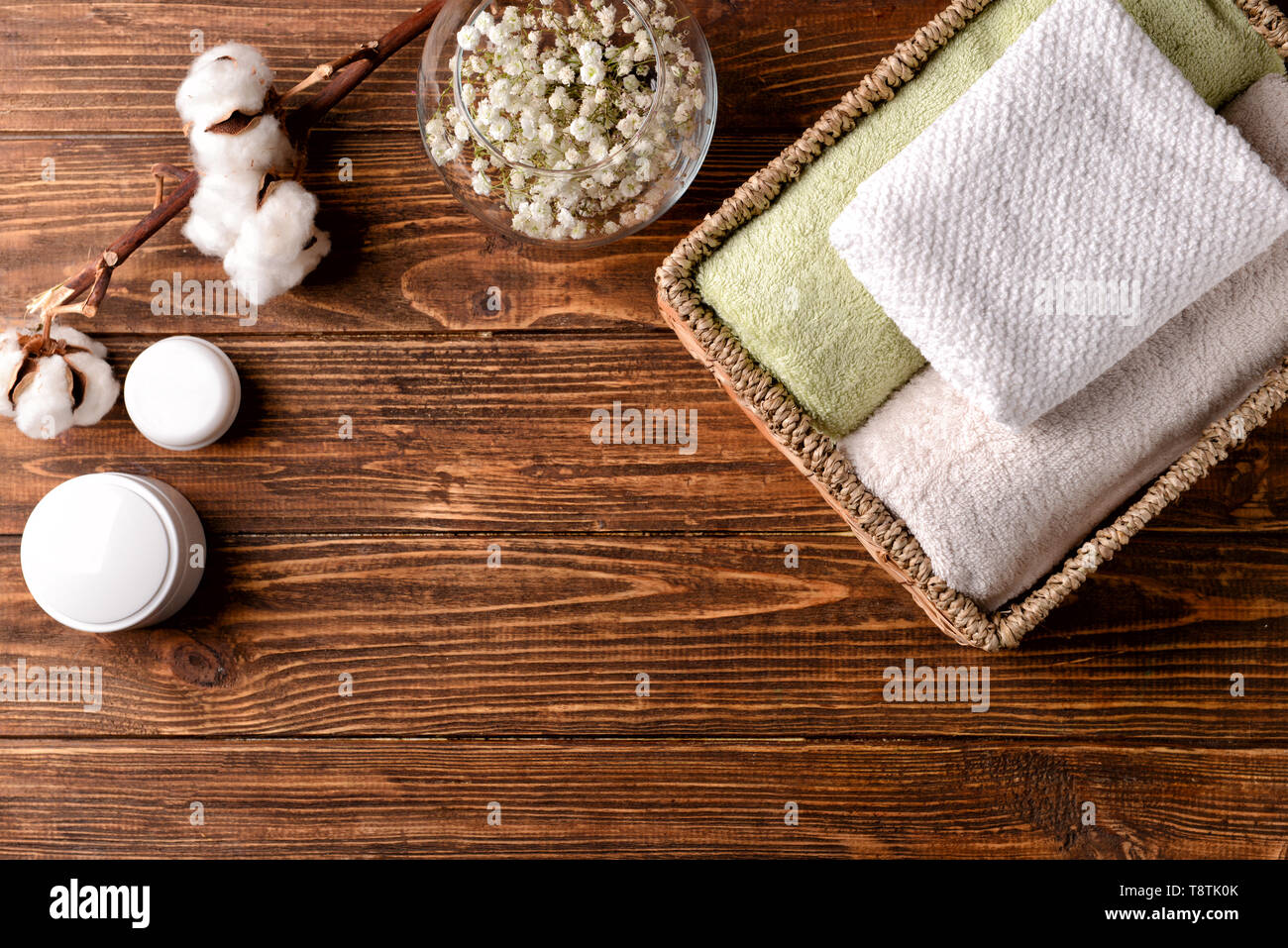 Flat lay composition with clean soft towels on wooden background Stock ...