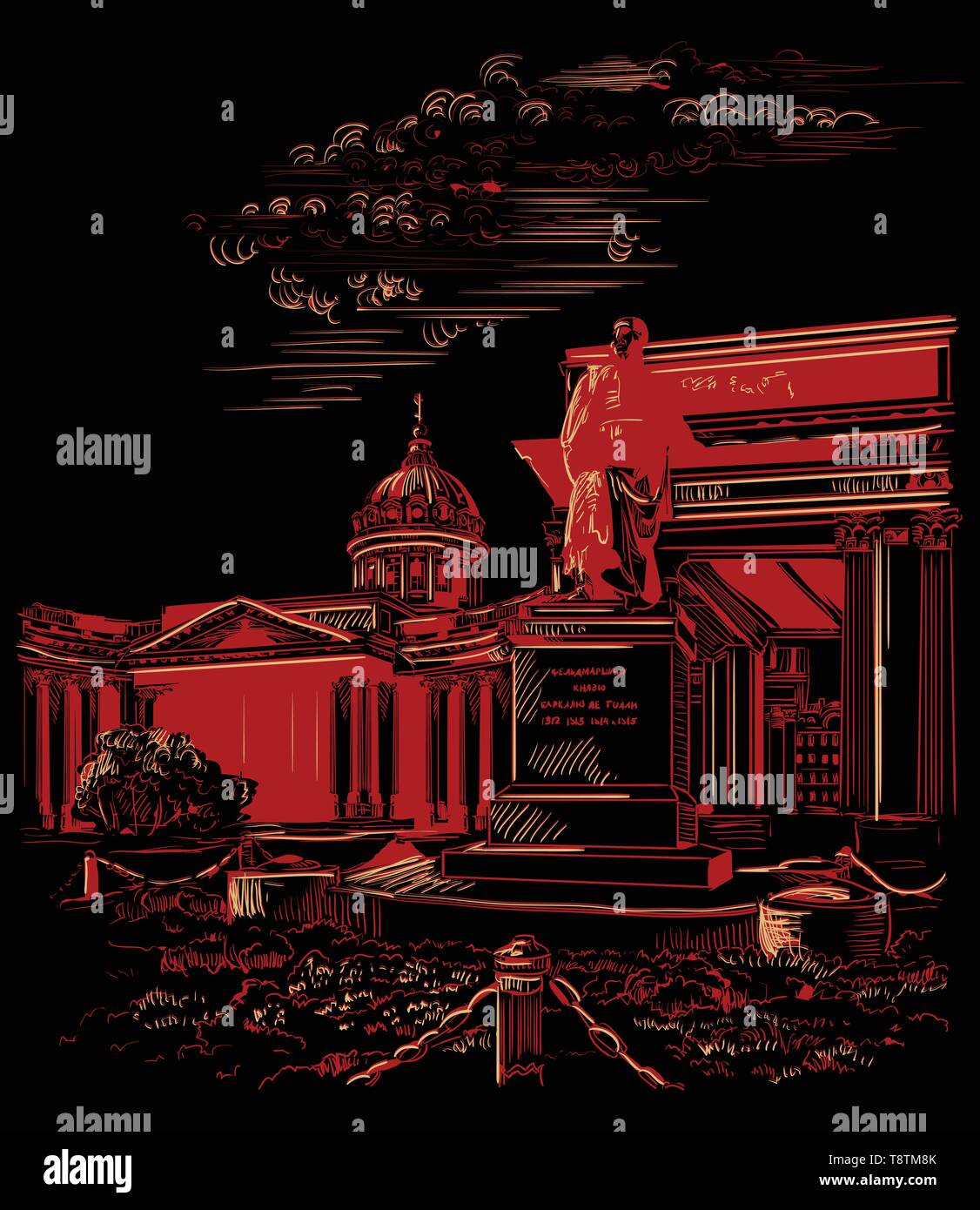 Cityscape of Kazan Cathedral in St. Petersburg, Russia and monument to ...