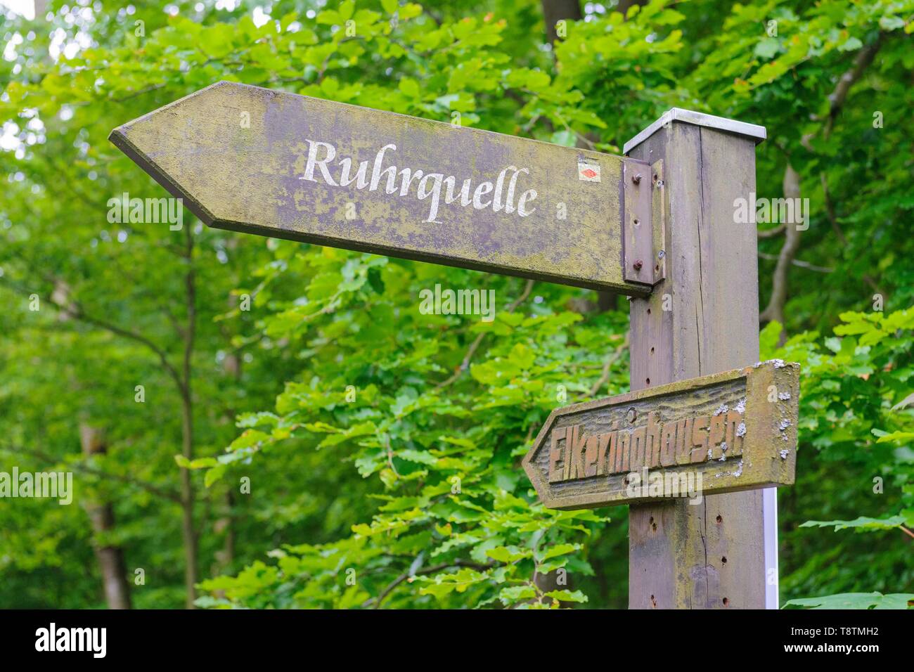 Sign post to the Ruhr Spring, near Elkeringhausen, Winterberg ...