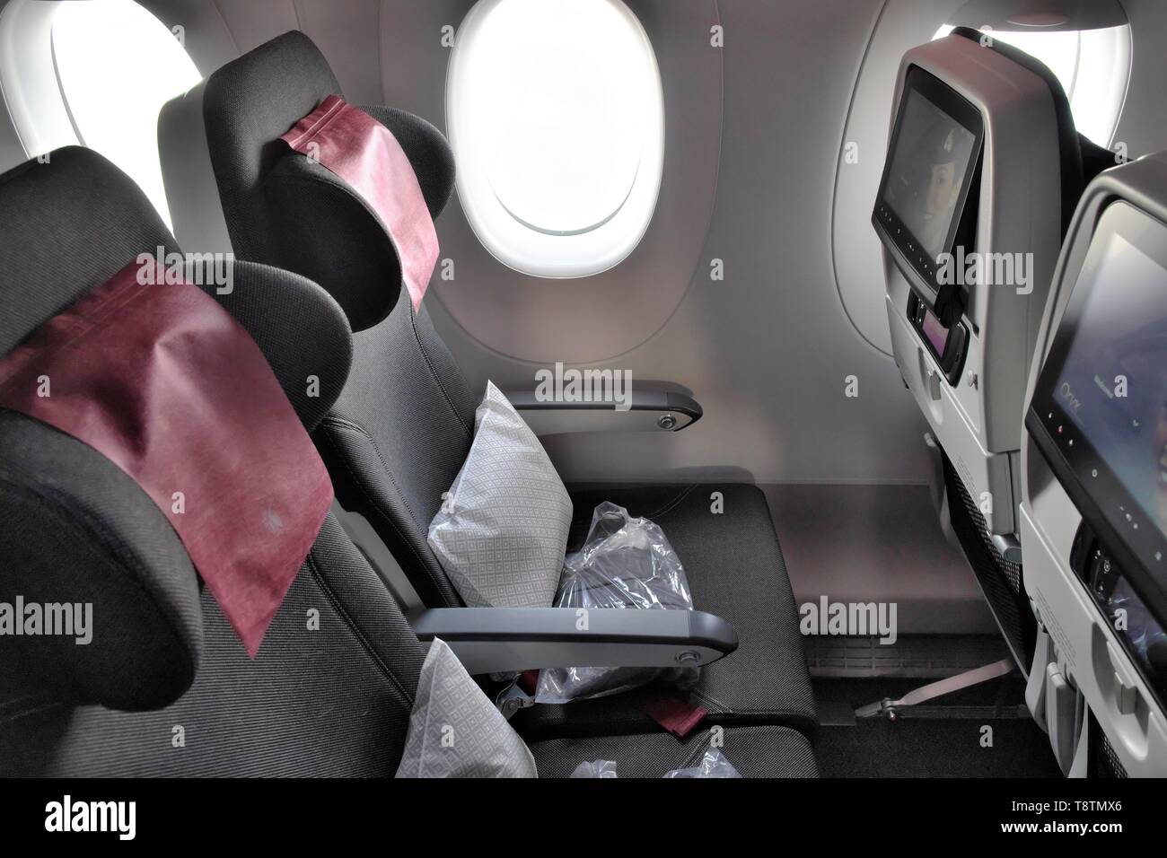 Empty window seat, interior view, Airbus A 350, Qatar Airways, Bavaria ...
