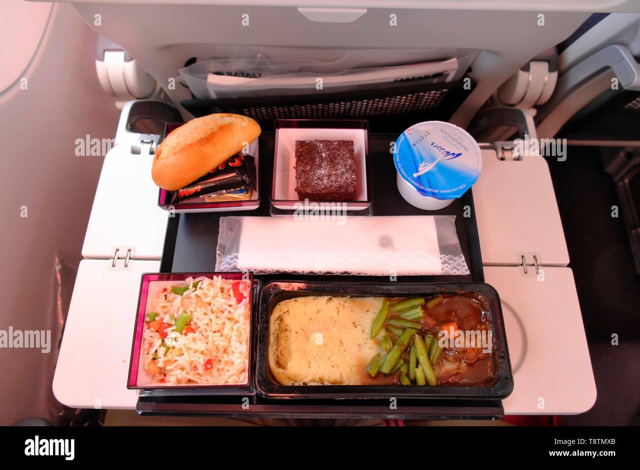 Board catering on folding table, Economy Class, Airbus A 350, Qatar ...