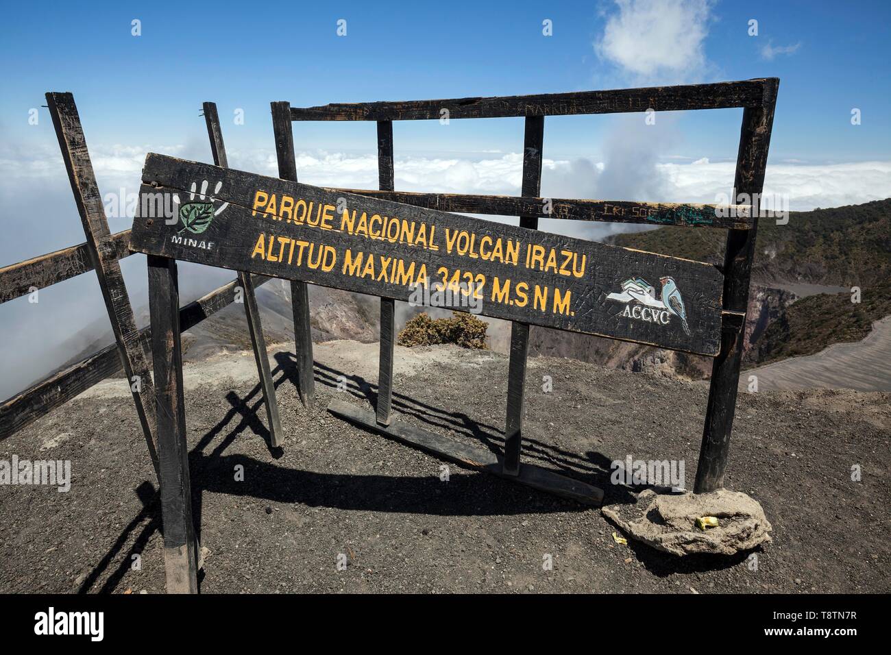 Old wooden shield at the main crater of Irazu Volcano, Irazu Volcano ...