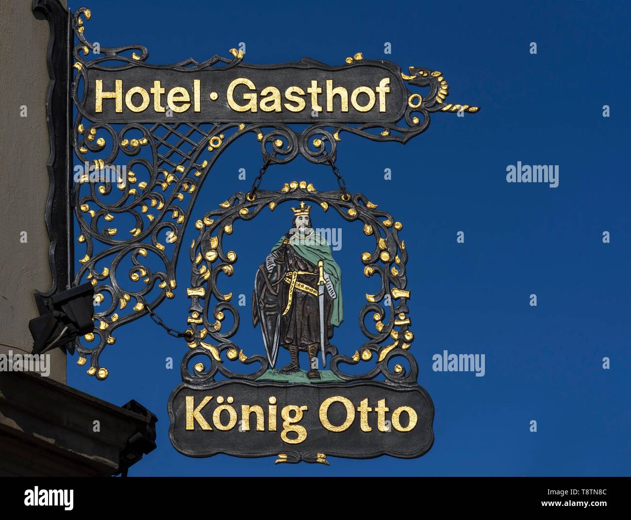 Hanging shop sign Hotel, guesthouse Konig Otto, blue sky, Erlangen ...