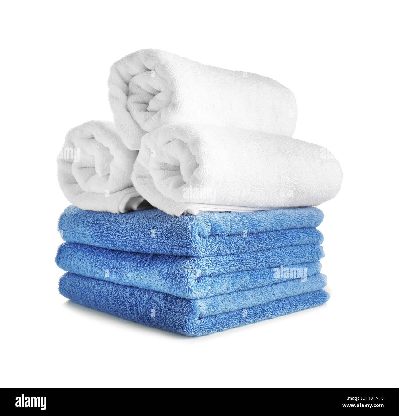 Stack of clean soft towels on white background Stock Photo - Alamy