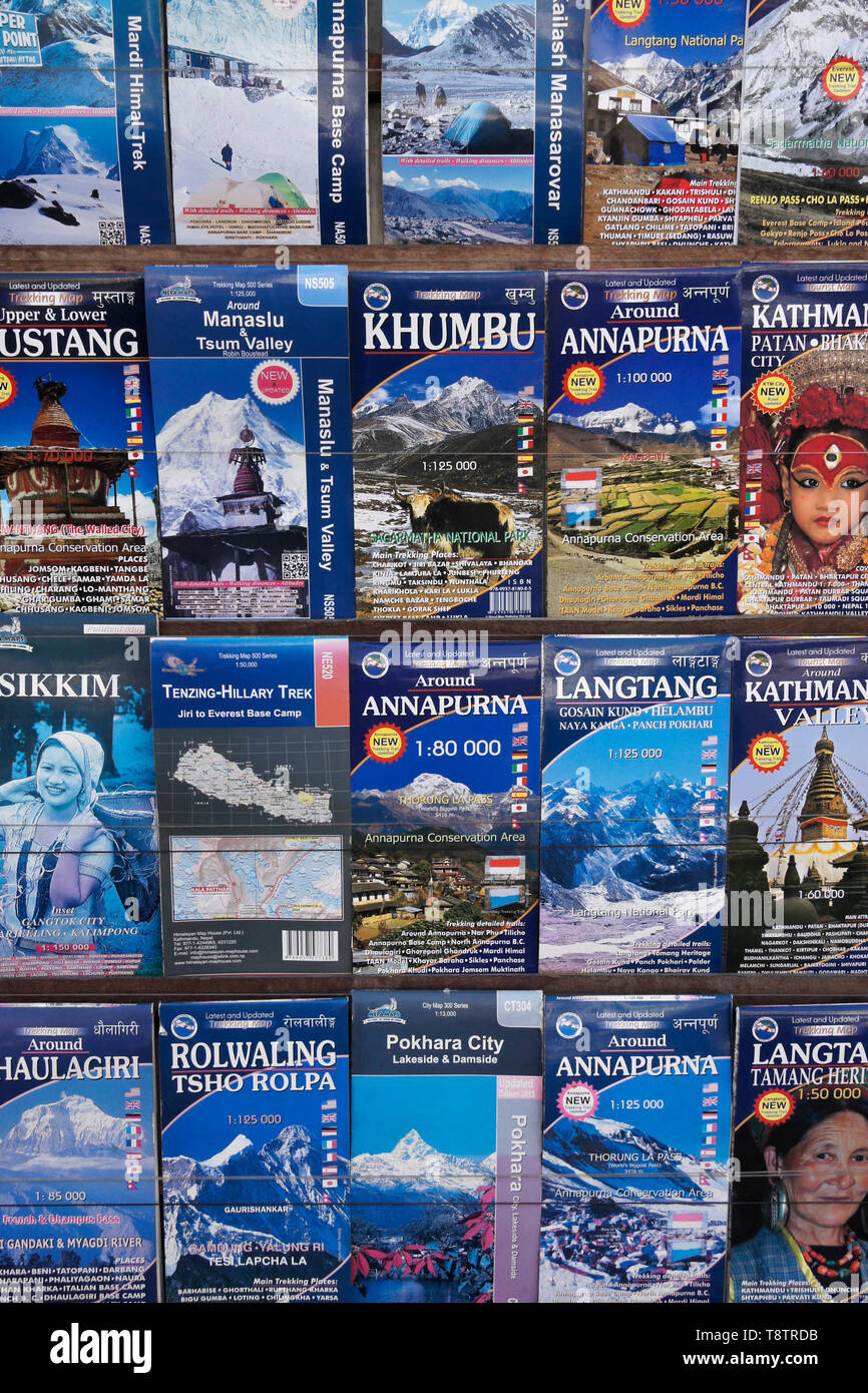 Tourism, hiking, and trekking maps displayed for sale at Durbar Square ...
