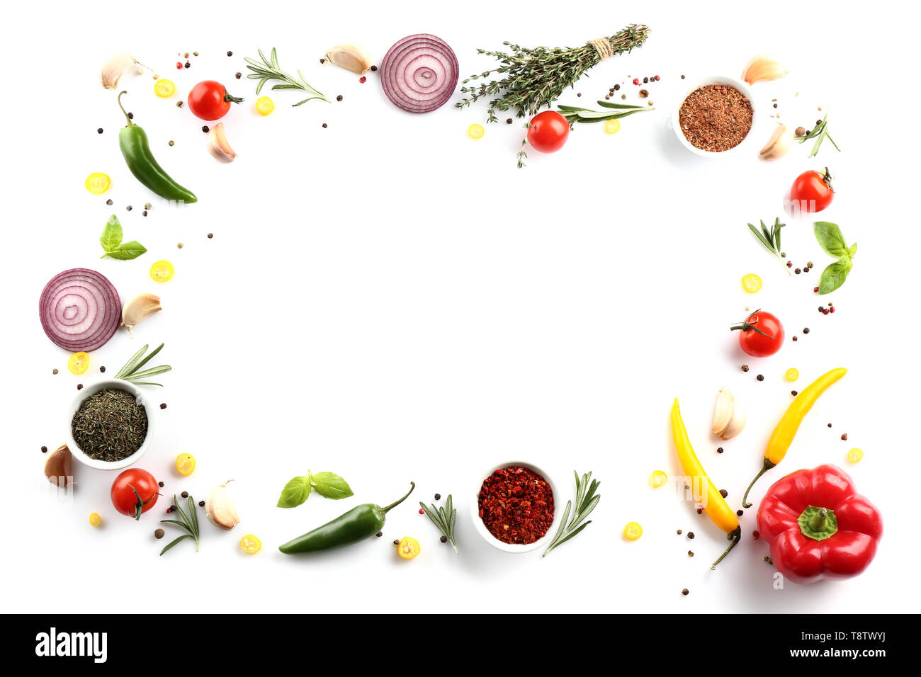 Frame made of spices and herbs on white background Stock Photo - Alamy