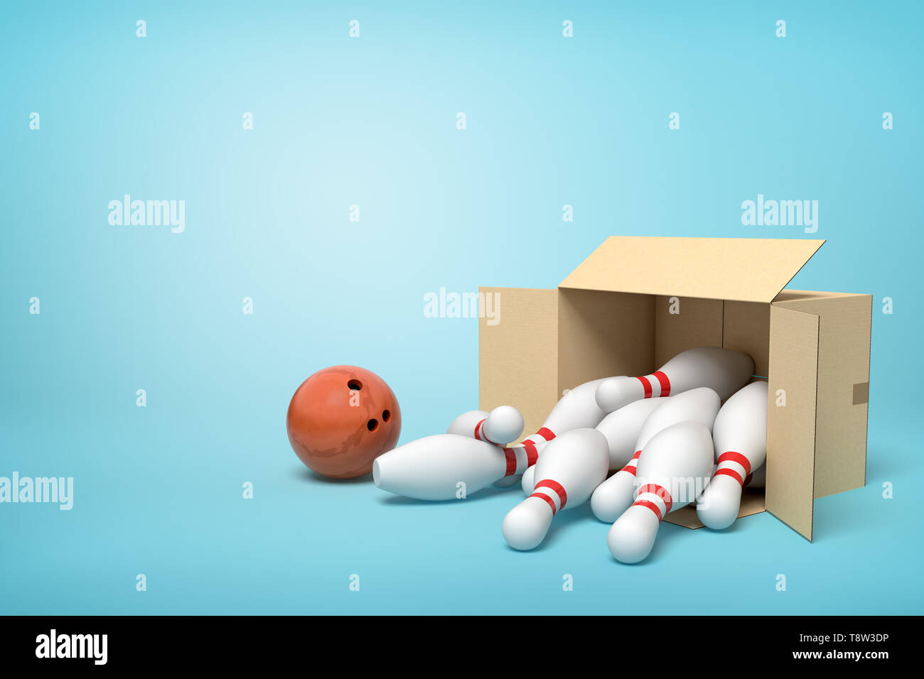 3d rendering of cardboard box lying sidelong full of white bowling pins ...