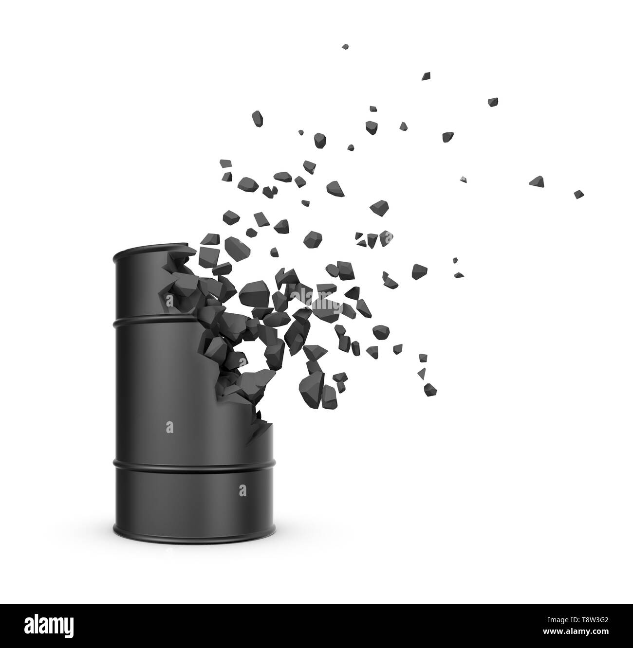 3d rendering of black metal barrel shattering into small pieces ...