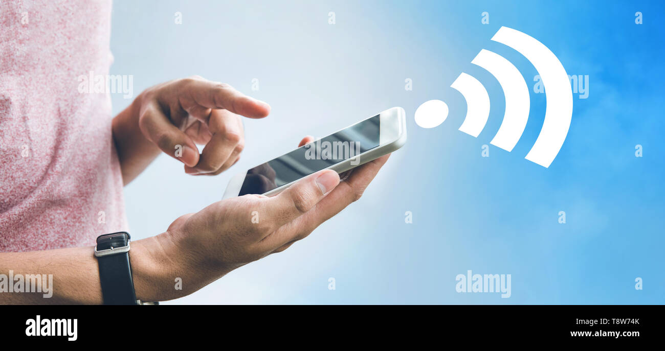 Internet wifi concepts with male hand holding smartphone,mobile and ...