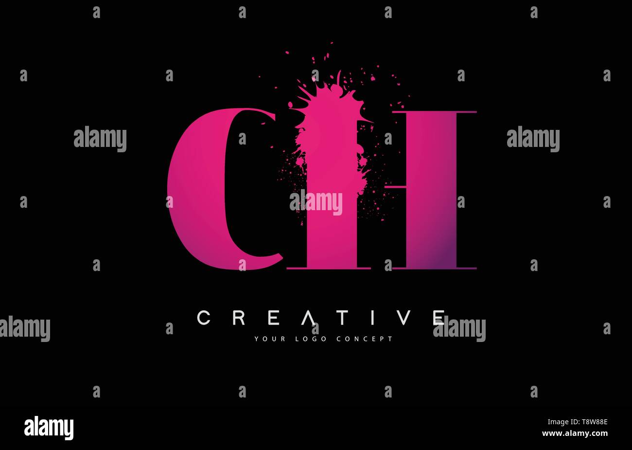 Purple Pink CH C H Letter Logo Design with Ink Watercolor Splash Spill ...