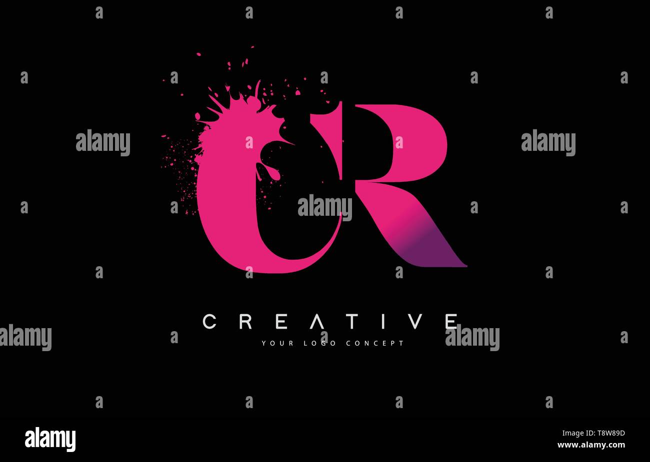Purple Pink CR C R Letter Logo Design with Ink Watercolor Splash Spill ...