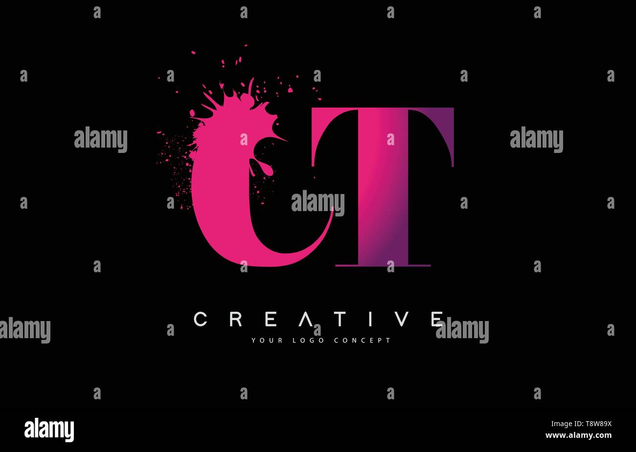Purple Pink CT C T Letter Logo Design with Black Ink Watercolor Splash ...