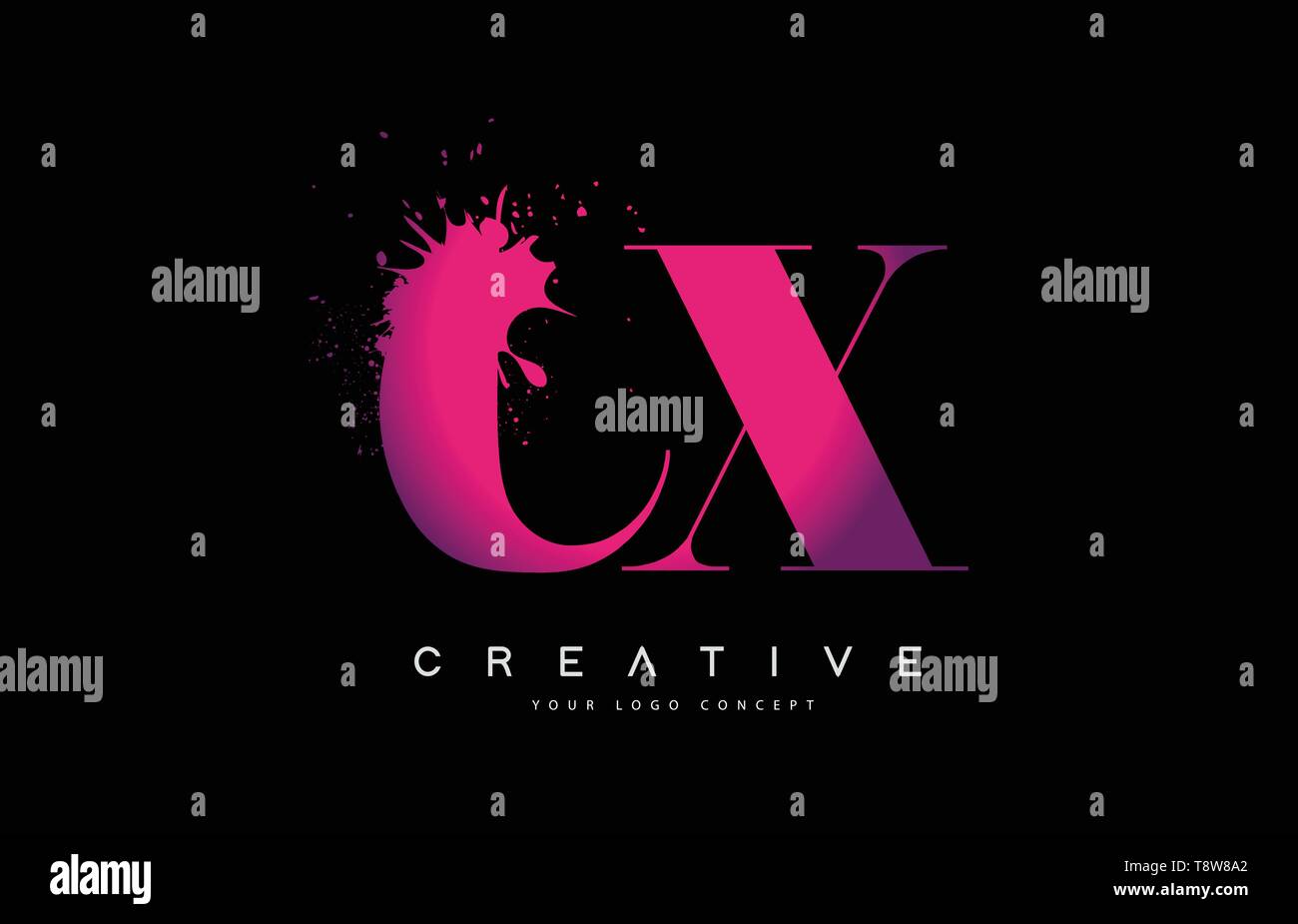 Purple Pink CX C X Letter Logo Design with Ink Watercolor Splash Spill ...