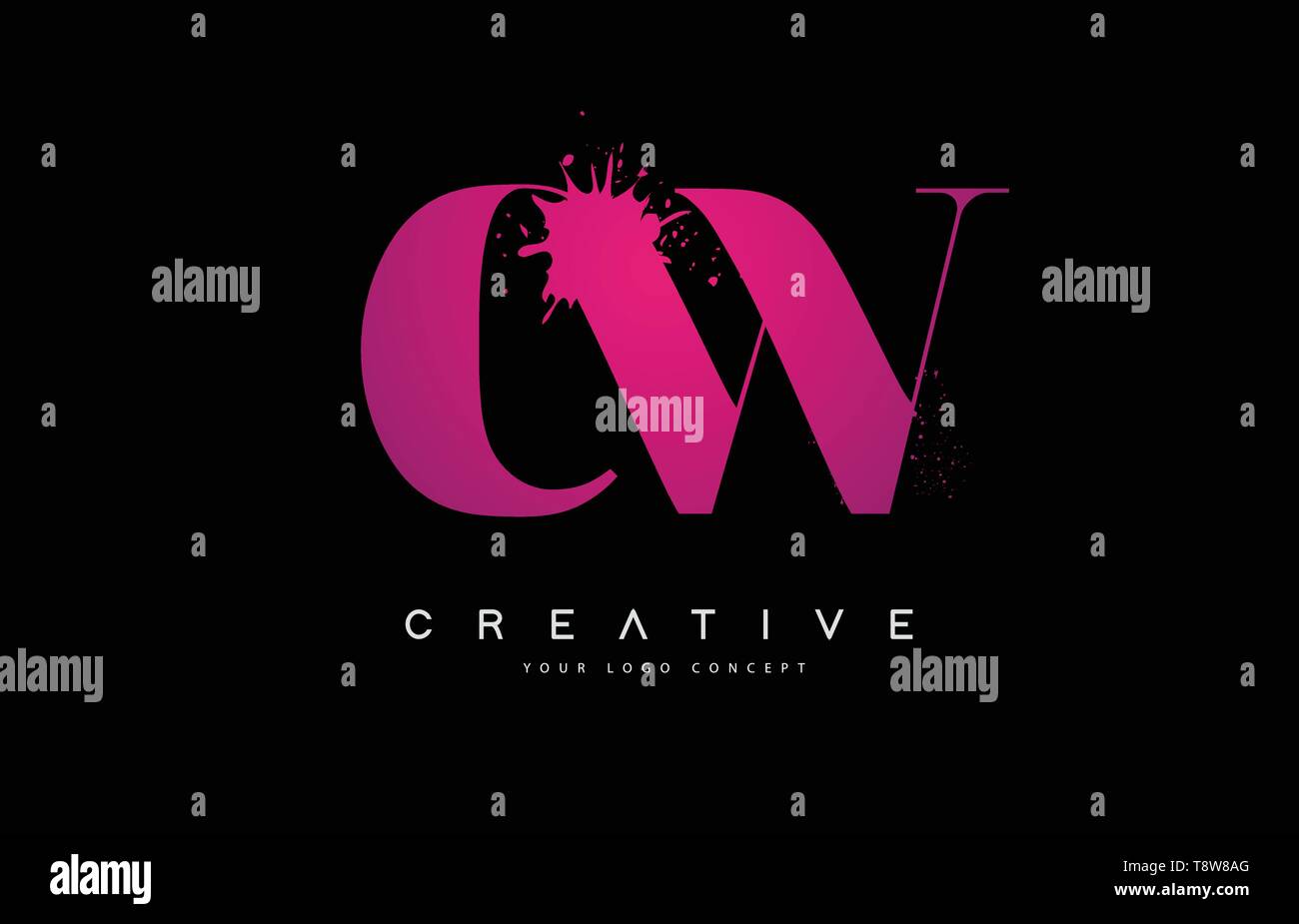 Purple Pink CW C W Letter Logo Design with Ink Watercolor Splash Spill ...